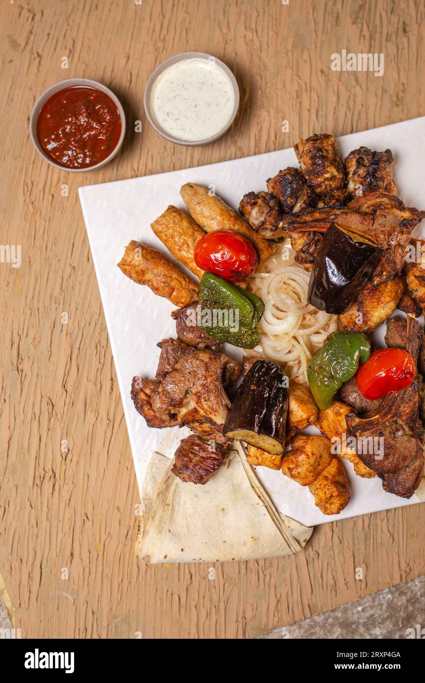 delicious fresh kebab from different meats top view Stock Photo - Alamy