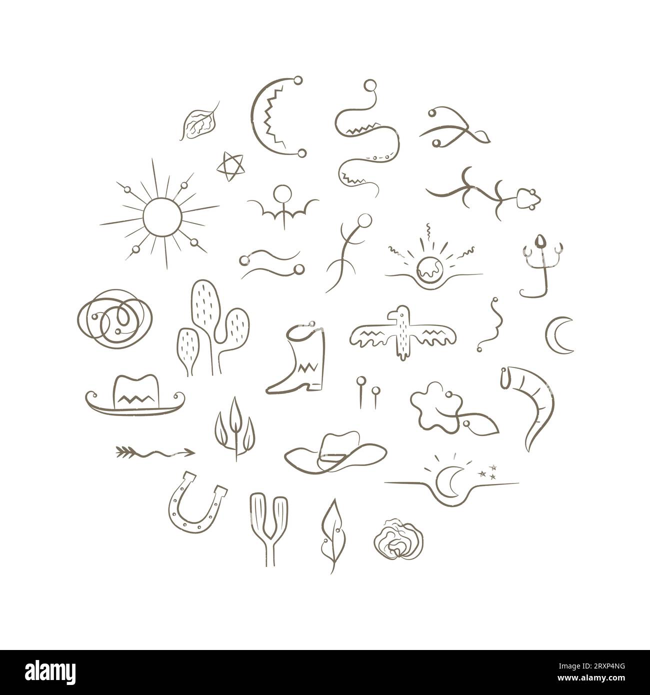 Round shape frame with wild west vector illustrations, icons. Simple ...
