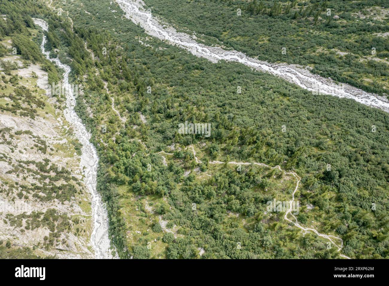 Aerial view, glacial streams, hiking path from La Fouly to Cabane de ...