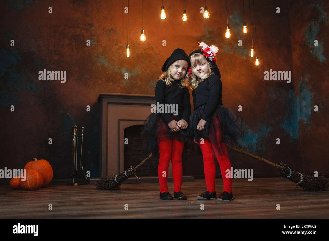 A portrait of little witches sitting on a broom, standing by the ...