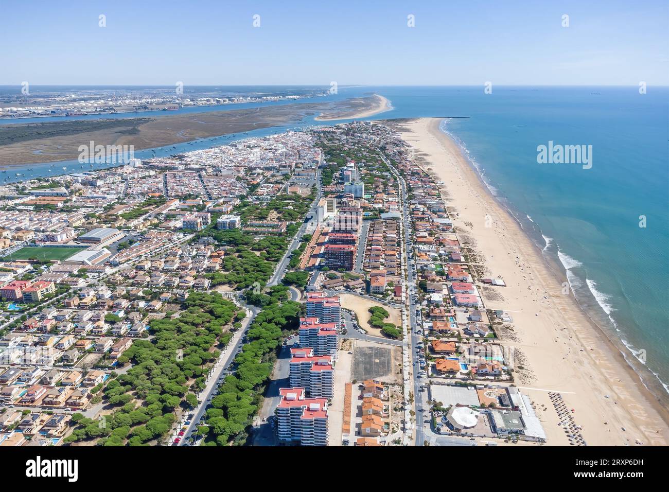 Aerial Panoramic wide angle view of Punta Umbria village and beach, in ...