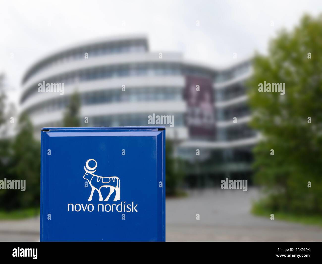 Corporate headquarters of Novo Nordisk. Selective focus on sign ...