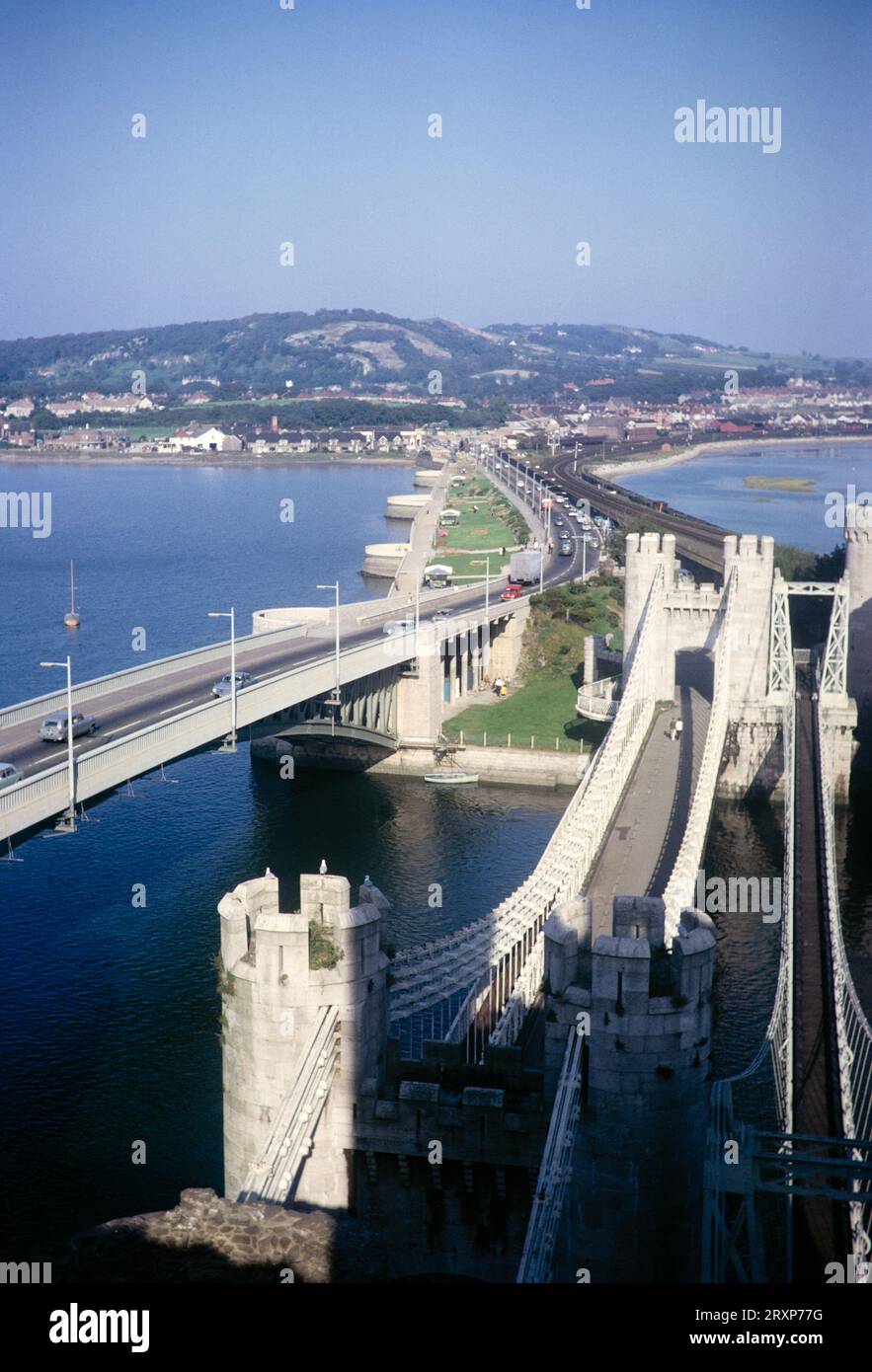 View over River Conwy road rail bridge, and Telford suspension bridge ...