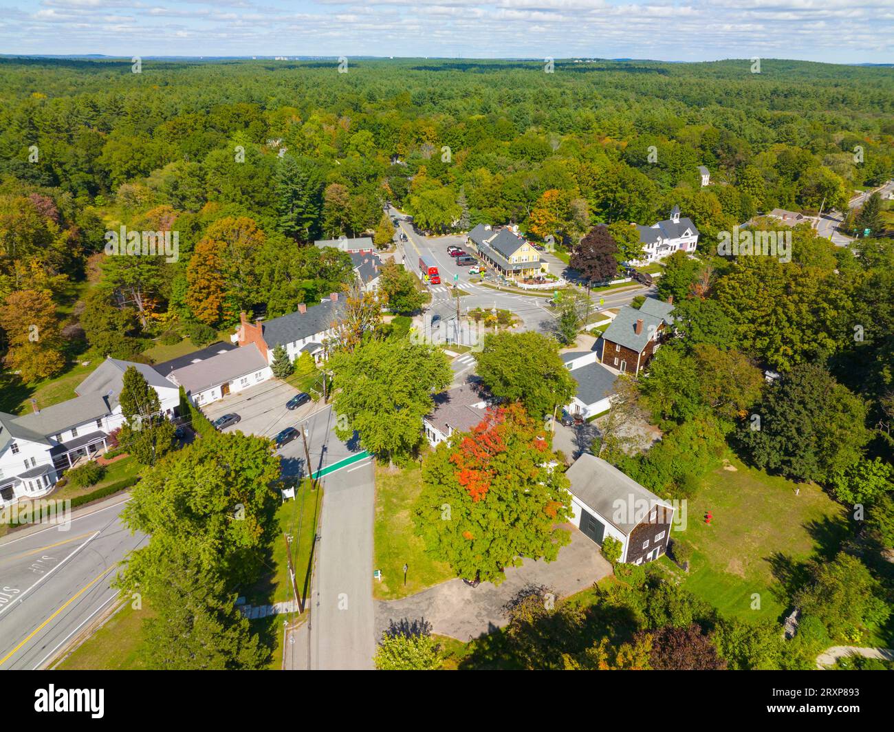 Carlisle historic town center aerial view on Lowell Street at Concord ...