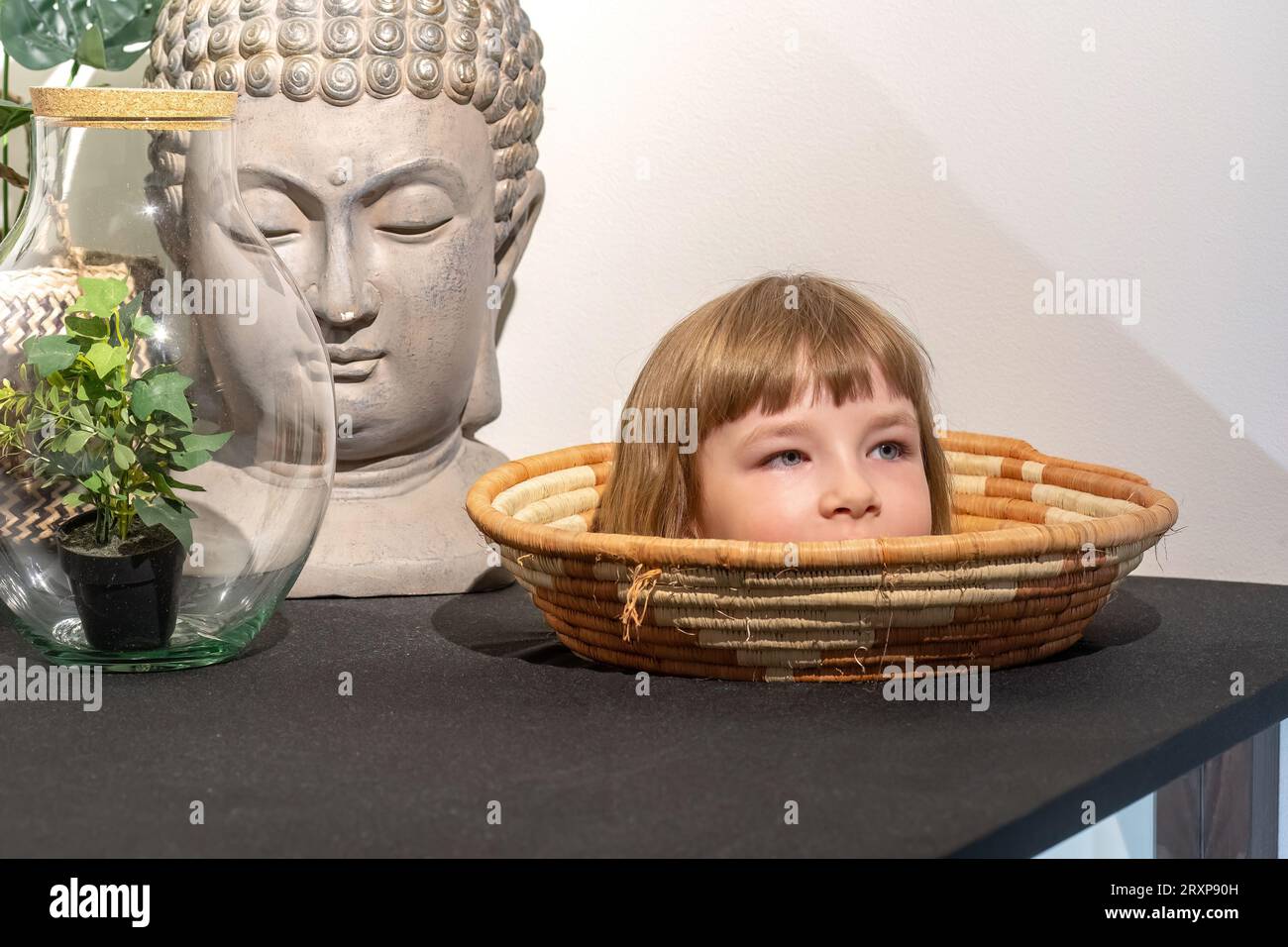 Head on a plate generic optical illusion, size, girl peeking out face ...