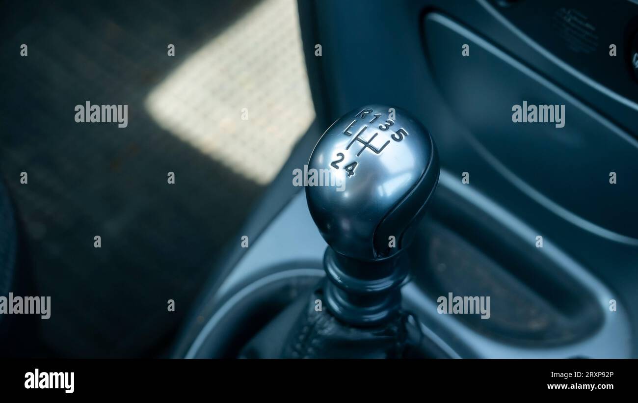 Small car generic 5 gear gearbox stick closeup detail, nobody. Car ...