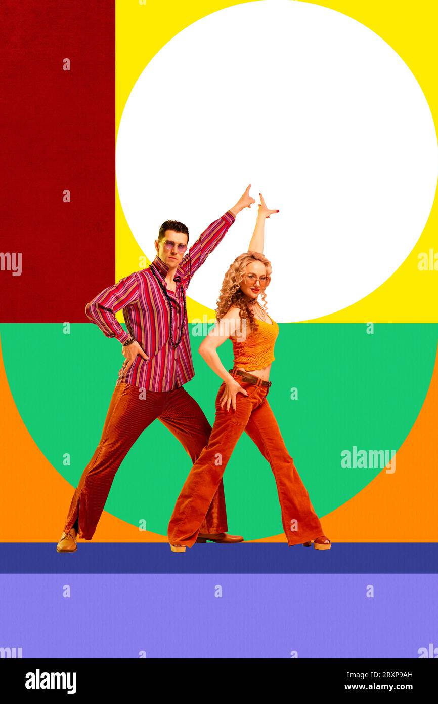 Artistic and expressive couple, stylish man and woman dancing, making ...