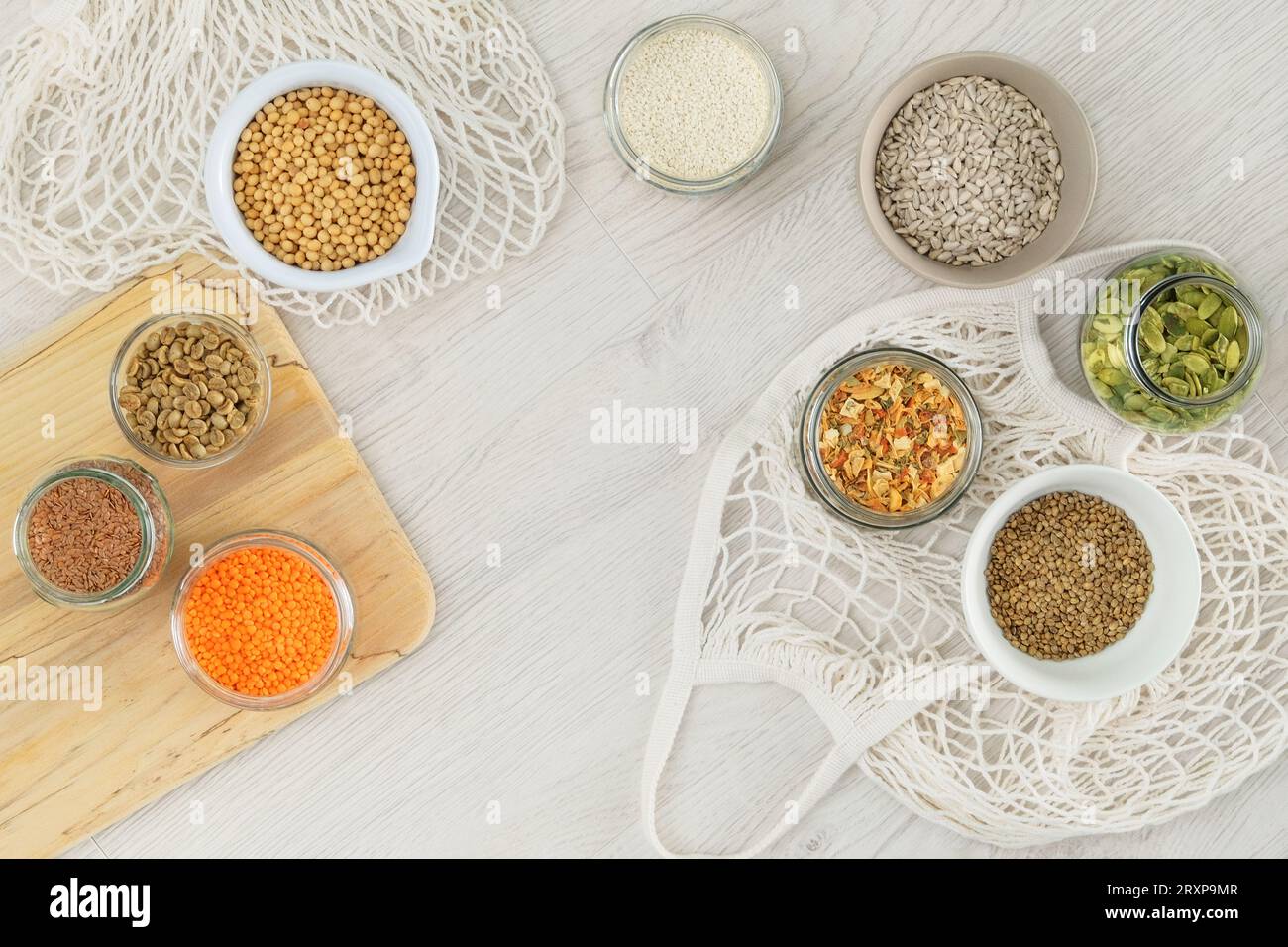 Grocery in bowls. Protein pulse and groats that is dried and then ...