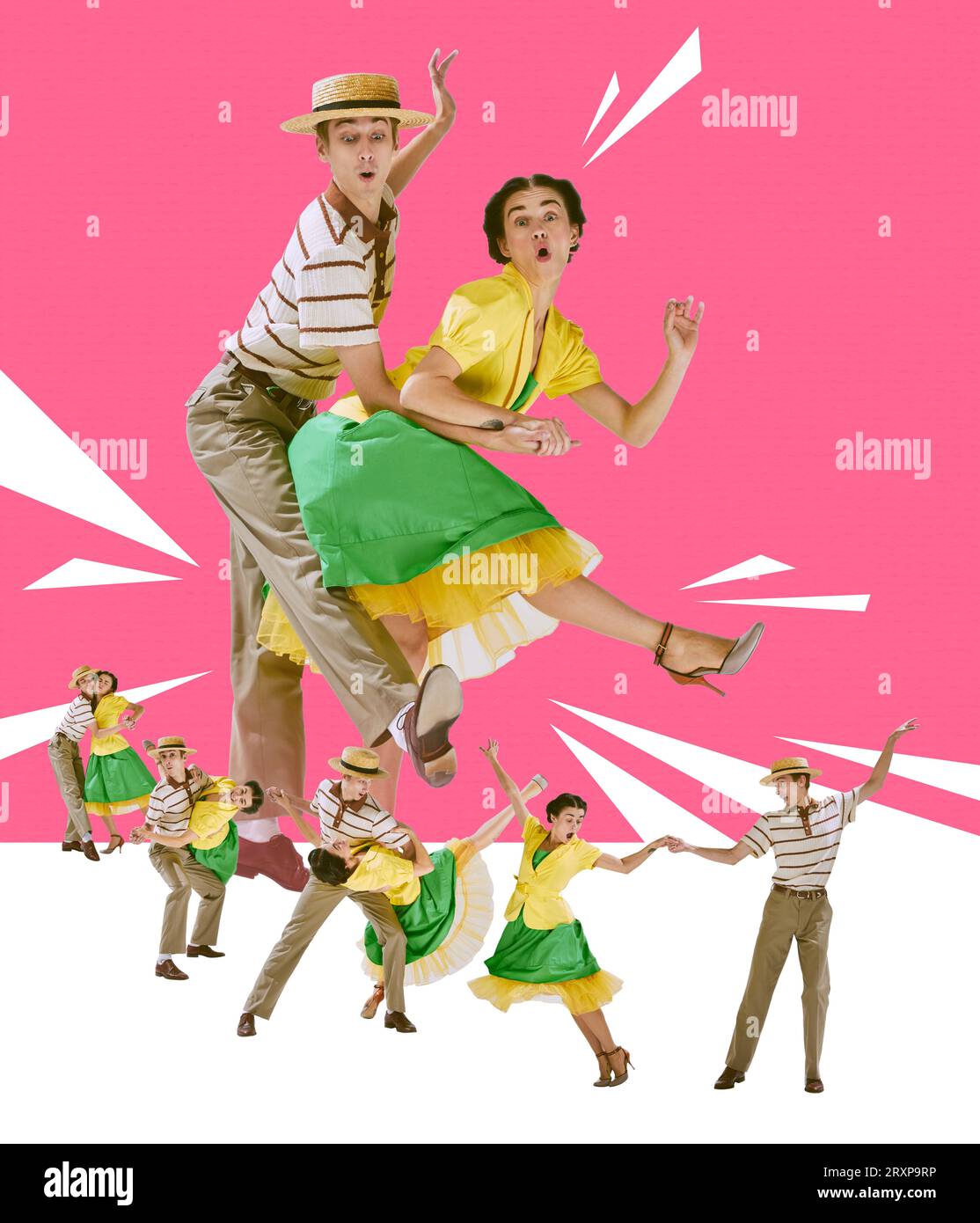 Artistic and emotive young people man and woman cheerfully dancing ...