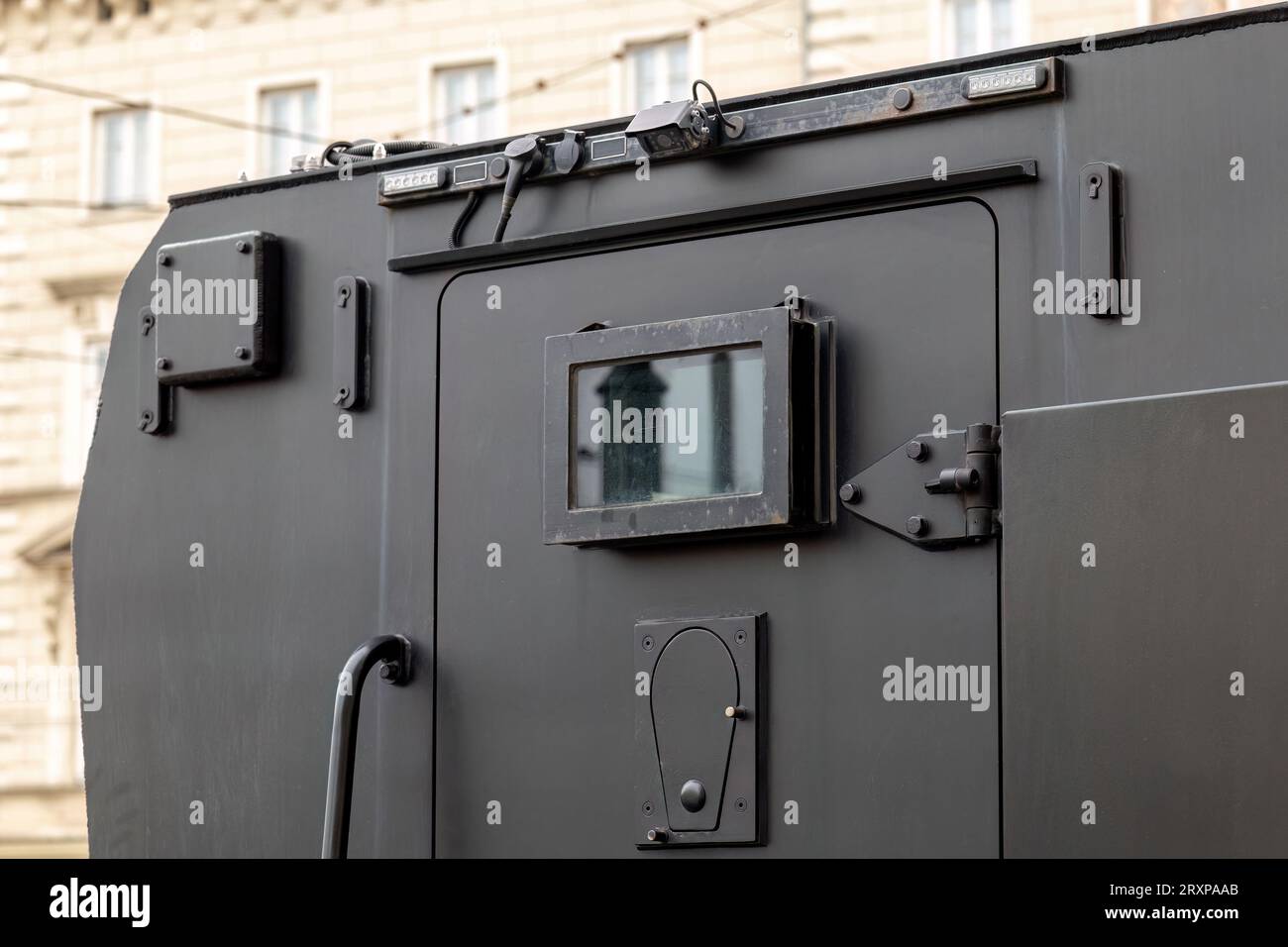 Armored vehicle car truck back door detail, jail prison van, money ...