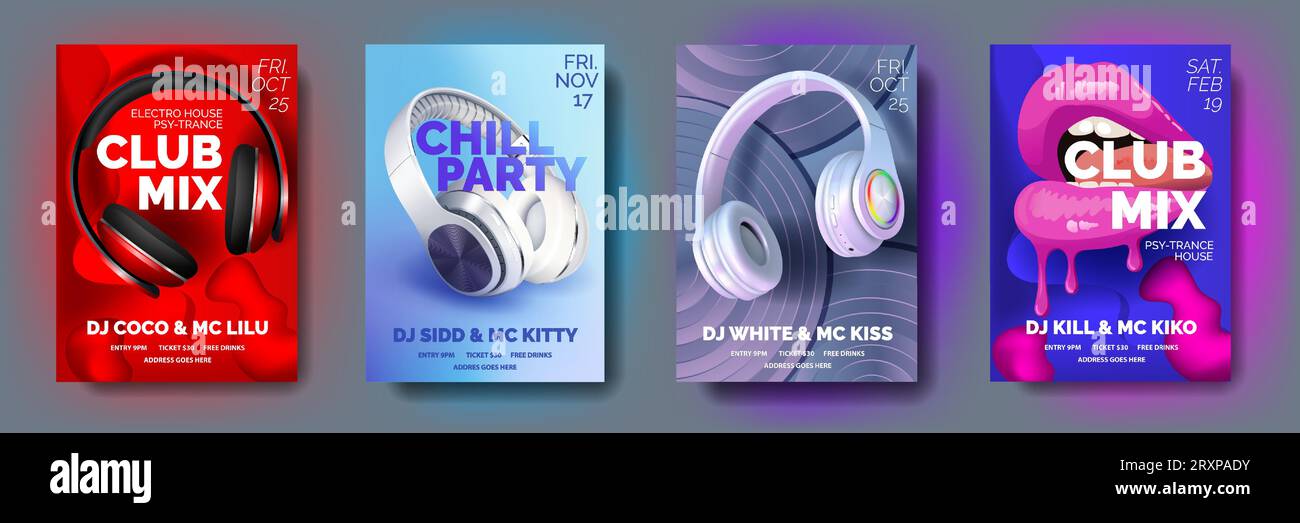 Set of Club posters with headphones, dance party, fluid design flyer ...
