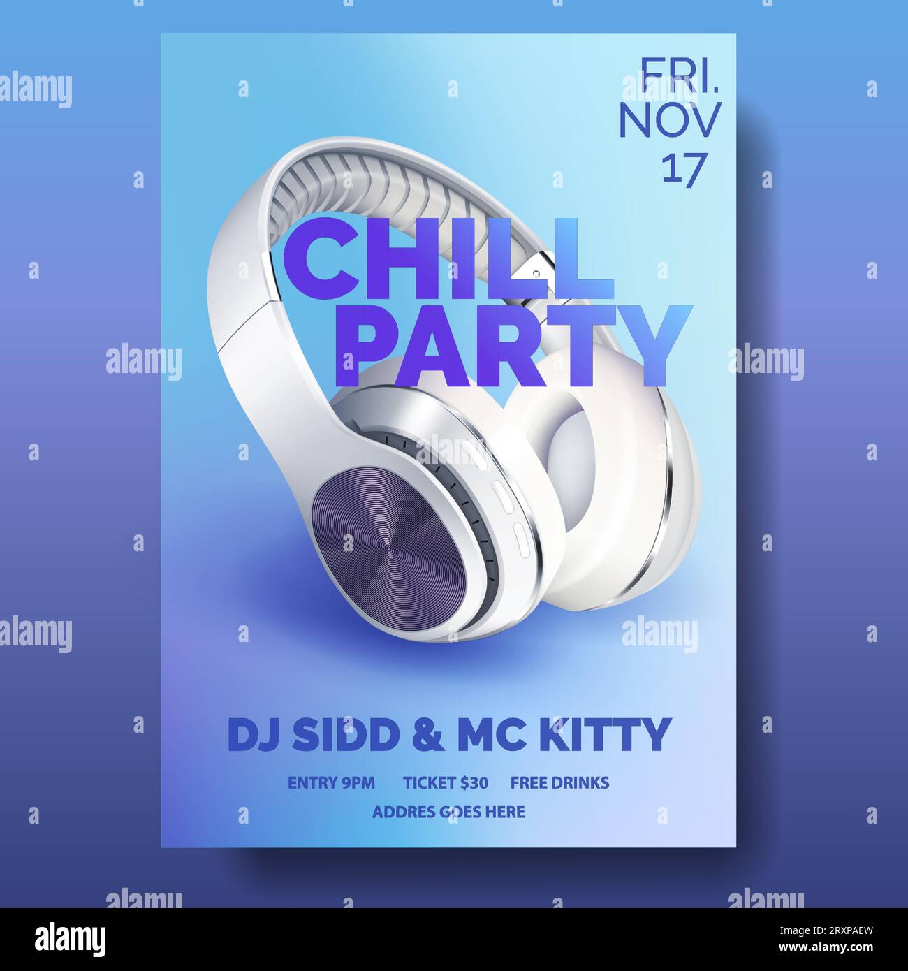 Club poster with headphones, dance party flyer, invitation, banner ...