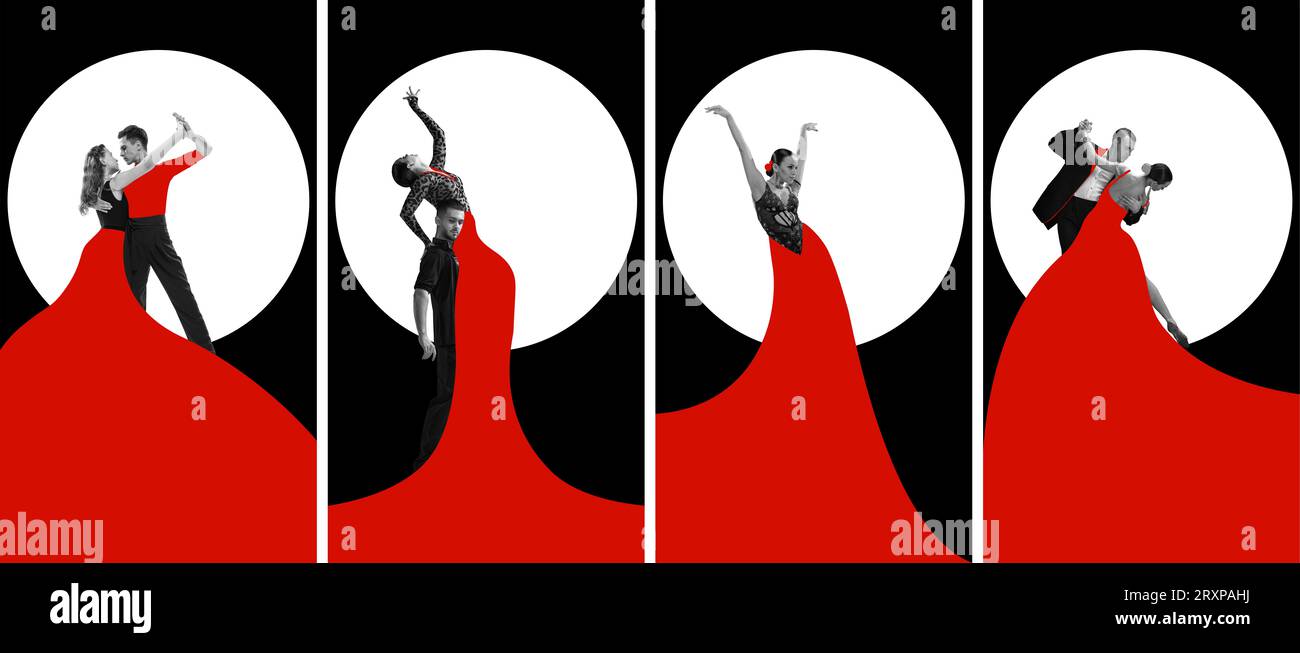 Collage. Love and passion. Elegant young women and men dancing romantic ...