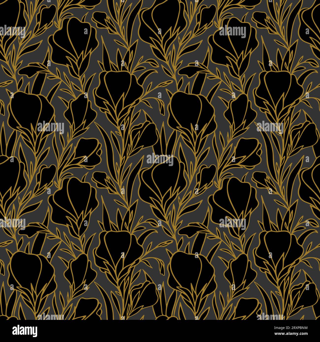 seamless pattern of large black flowers with a golden outline on a dark ...