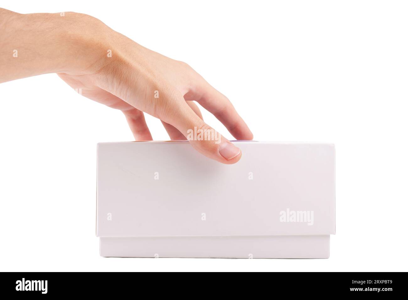 Man, hand opening a simple blank empty white box packaging for ...