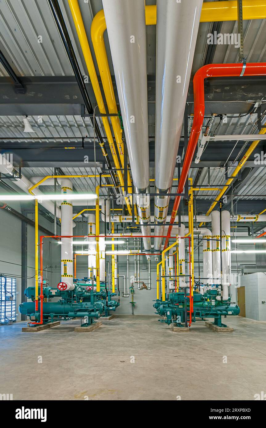 Compressor room in ammonia-cycle industrial refrigeration cold-storage ...