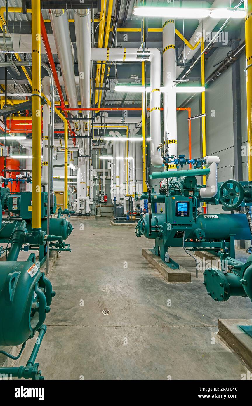 Compressor room in ammonia-cycle industrial refrigeration cold-storage ...