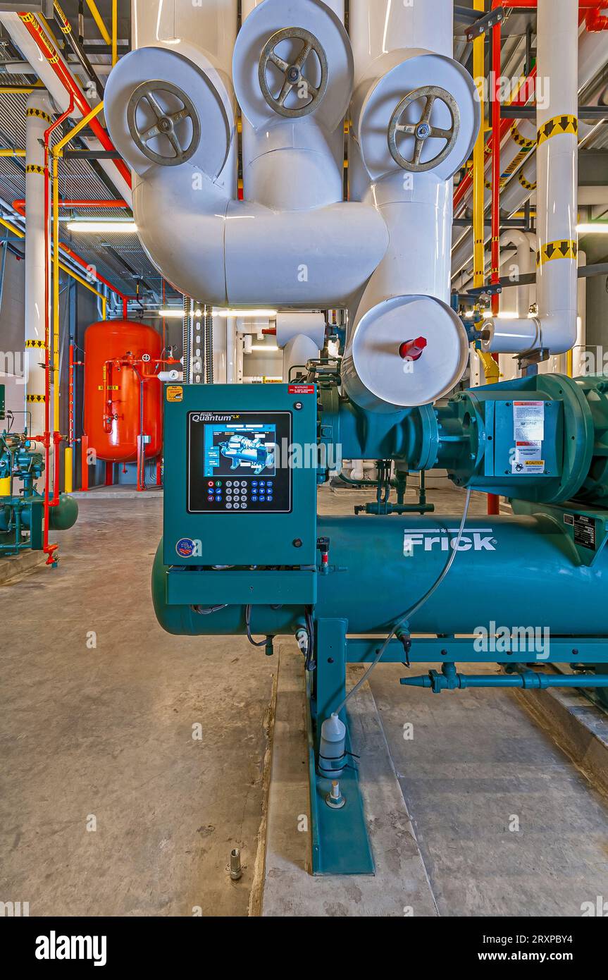 Compressor room in ammonia-cycle industrial refrigeration cold-storage ...