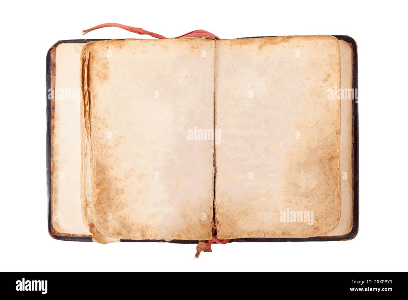 Old fashioned retro book spread open damaged stained paper with blank ...