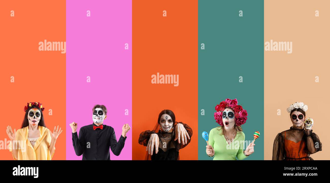 Set of people with painted skulls on faces against color background ...