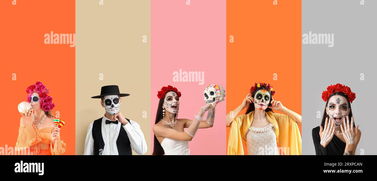 Set of people with painted skulls on faces against color background ...