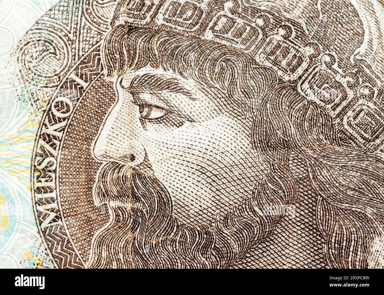 Polish king Mieszko I on a 10 zl ten zloty banknote bill macro detail ...