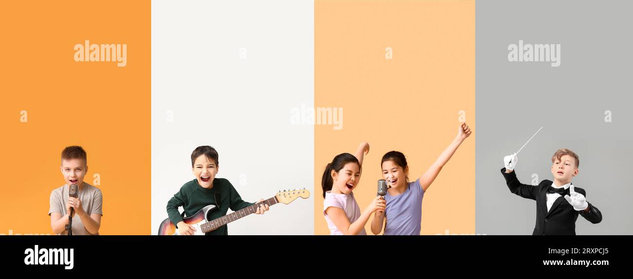 Set of children playing musical instruments and singing on color ...