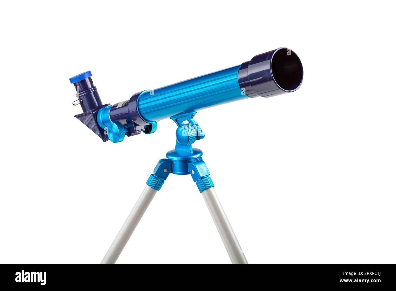 Simple blue toy telescope on a tripod, single object isolated on white ...