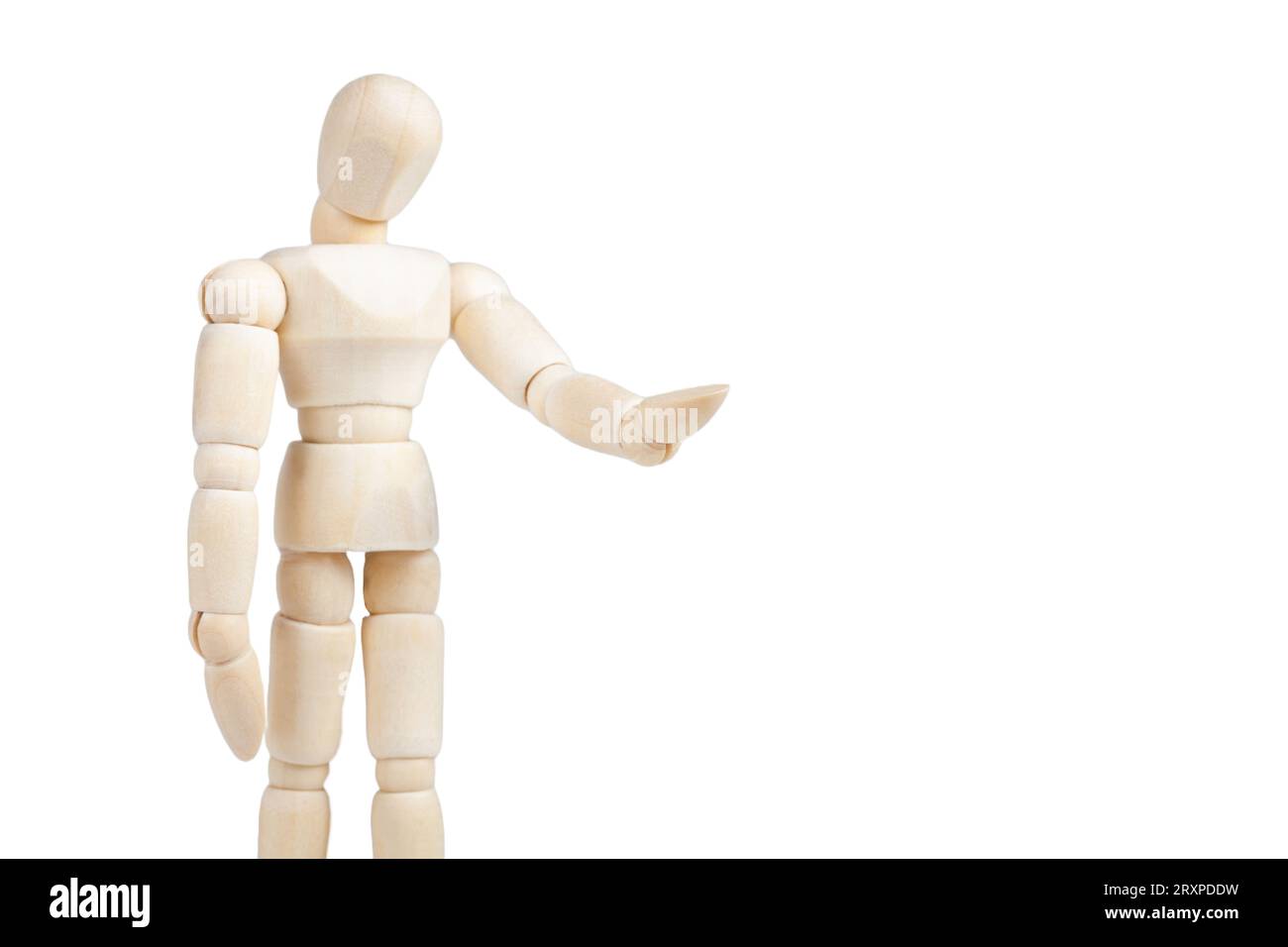 Wooden figurine man presenting something held in hand, holding ...