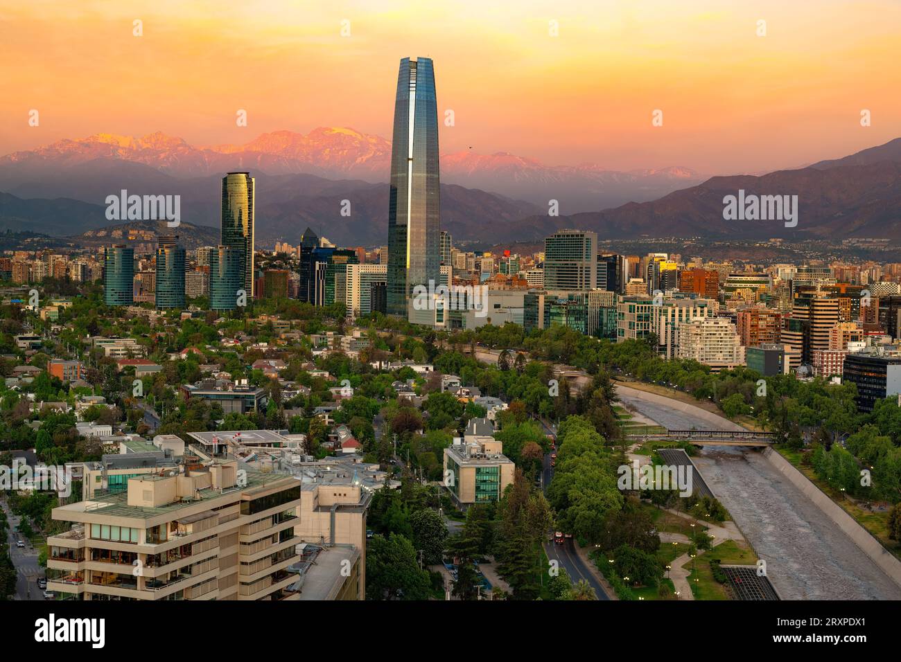 Panoramic view of Santiago de Chile with the Andes mountain range in ...