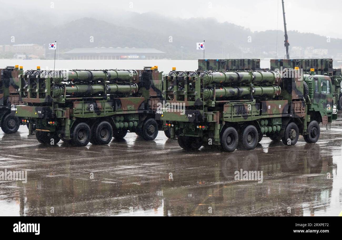 South Korea's Cheongung medium range surface-to-air missile system displayed during a ceremony ...