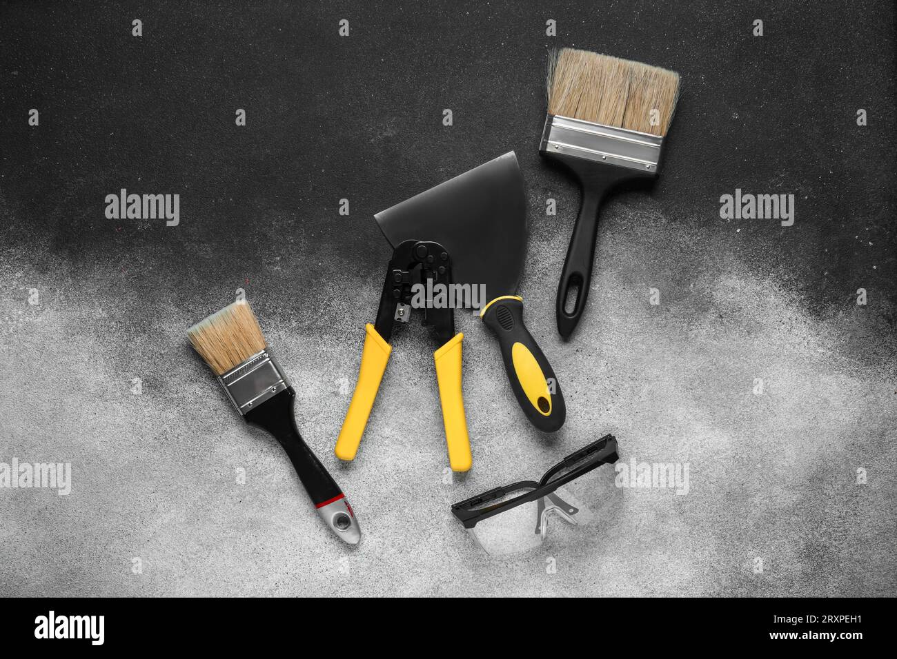 Set of construction tools on grey background Stock Photo - Alamy
