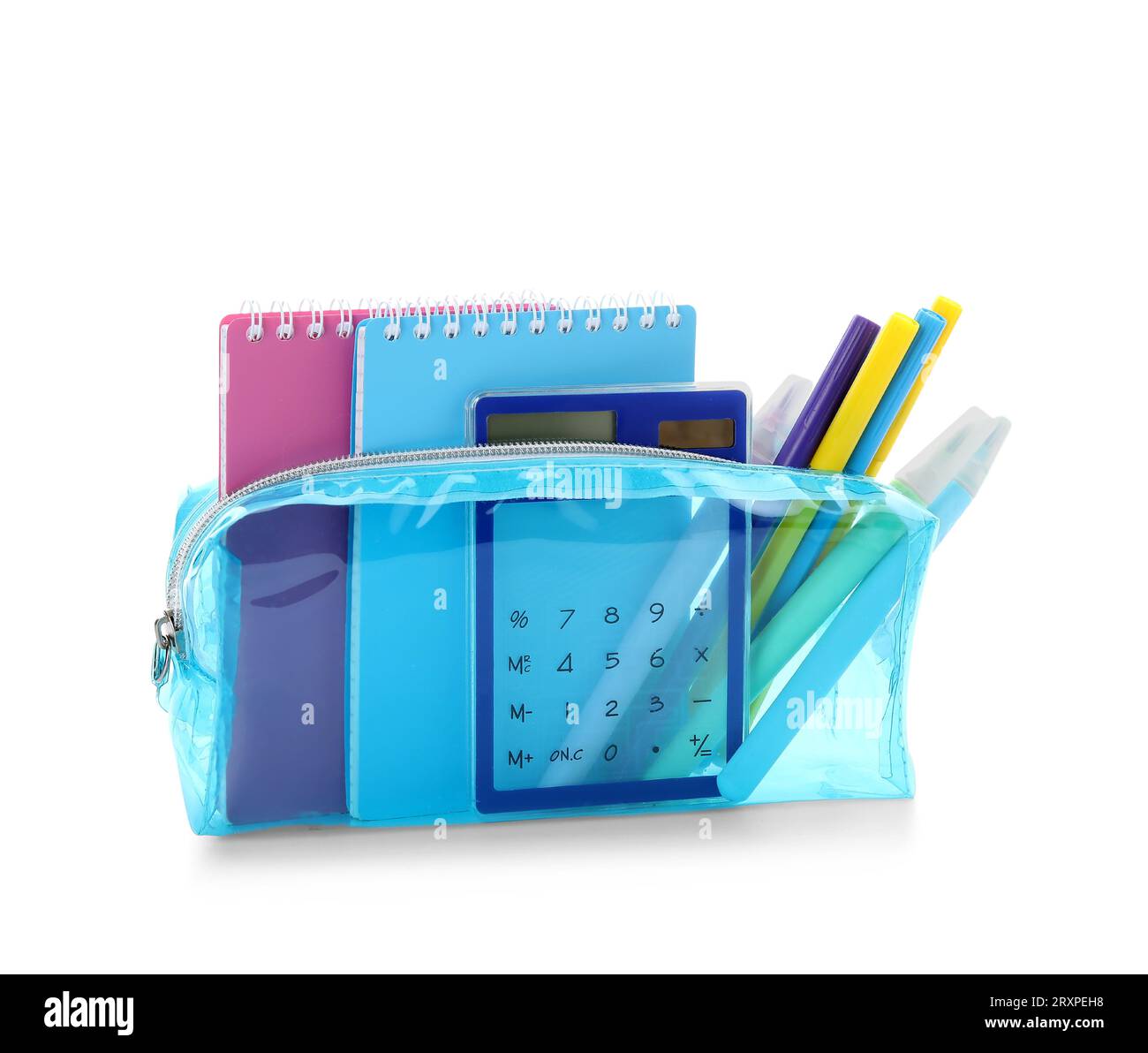 Stylish pencil case with different stationery isolated on white ...