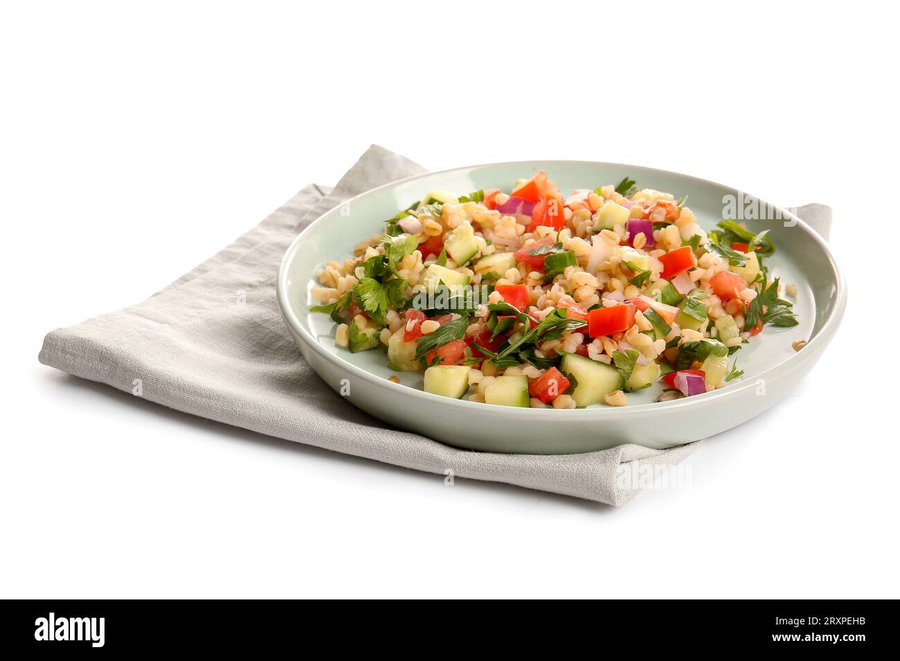 Plate with delicious tabbouleh salad on white background Stock Photo ...