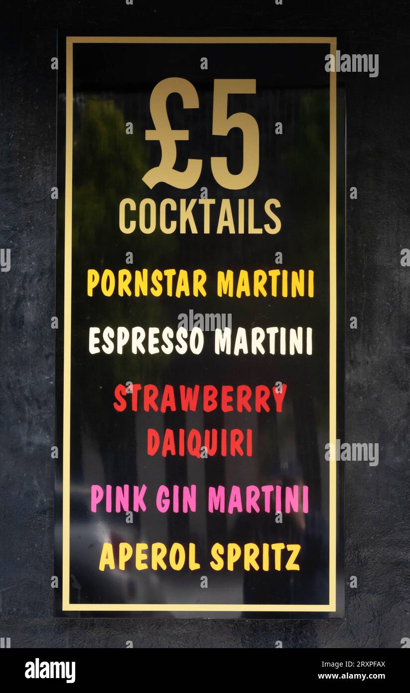 Special £5 cocktails -- menu sign outside of Liverpool pub Stock Photo ...