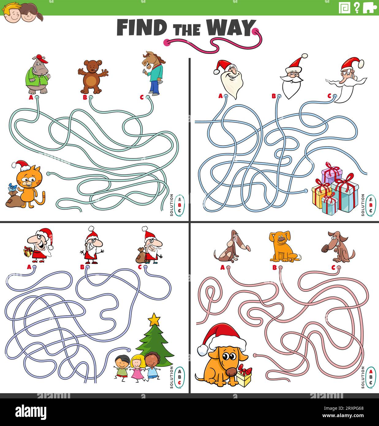 Cartoon illustration of find the way maze puzzle games set with ...