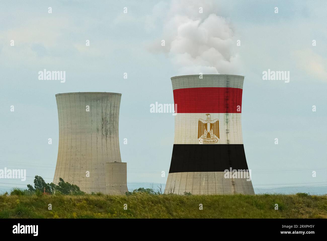 The flag of Egypt is depicted on the cooling tower of the nuclear power ...