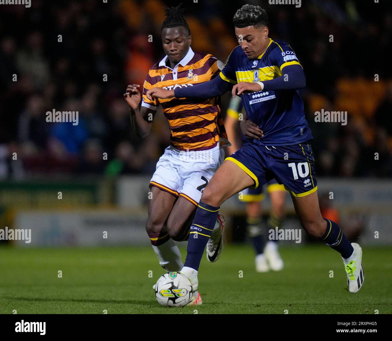 Daniel Oyegoke #22 of Bradford City competes for the ball with Morgan ...