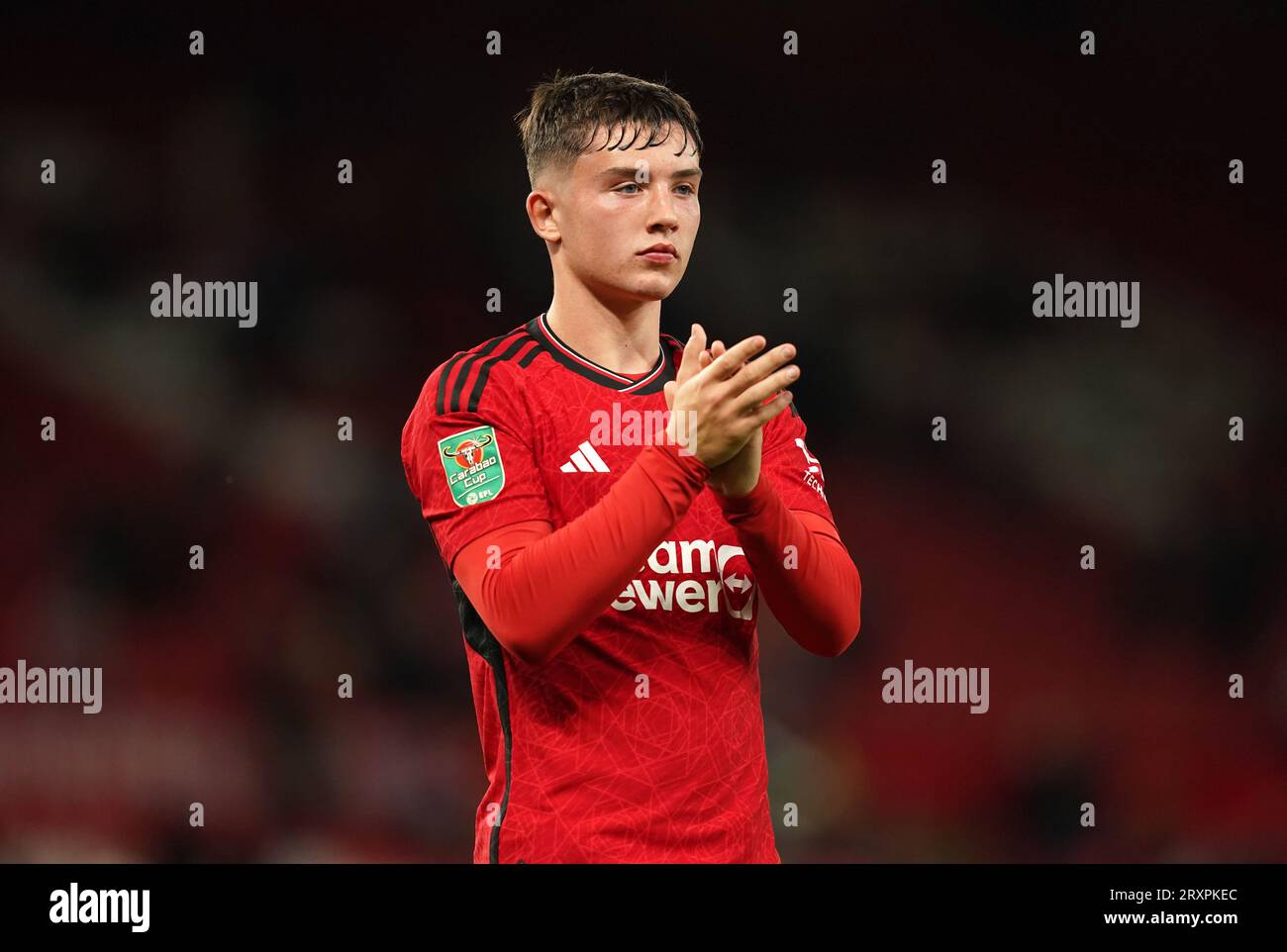 Manchester United's Daniel Gore applauds the fans after the Carabao Cup ...