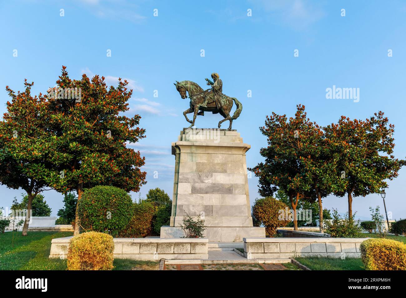 The bronze equestrian statue of Mehmet Ali in Kavala city seaport of ...