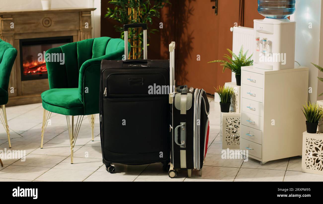 Trolley bags baggage in hotel reception and lounge area, clients ...