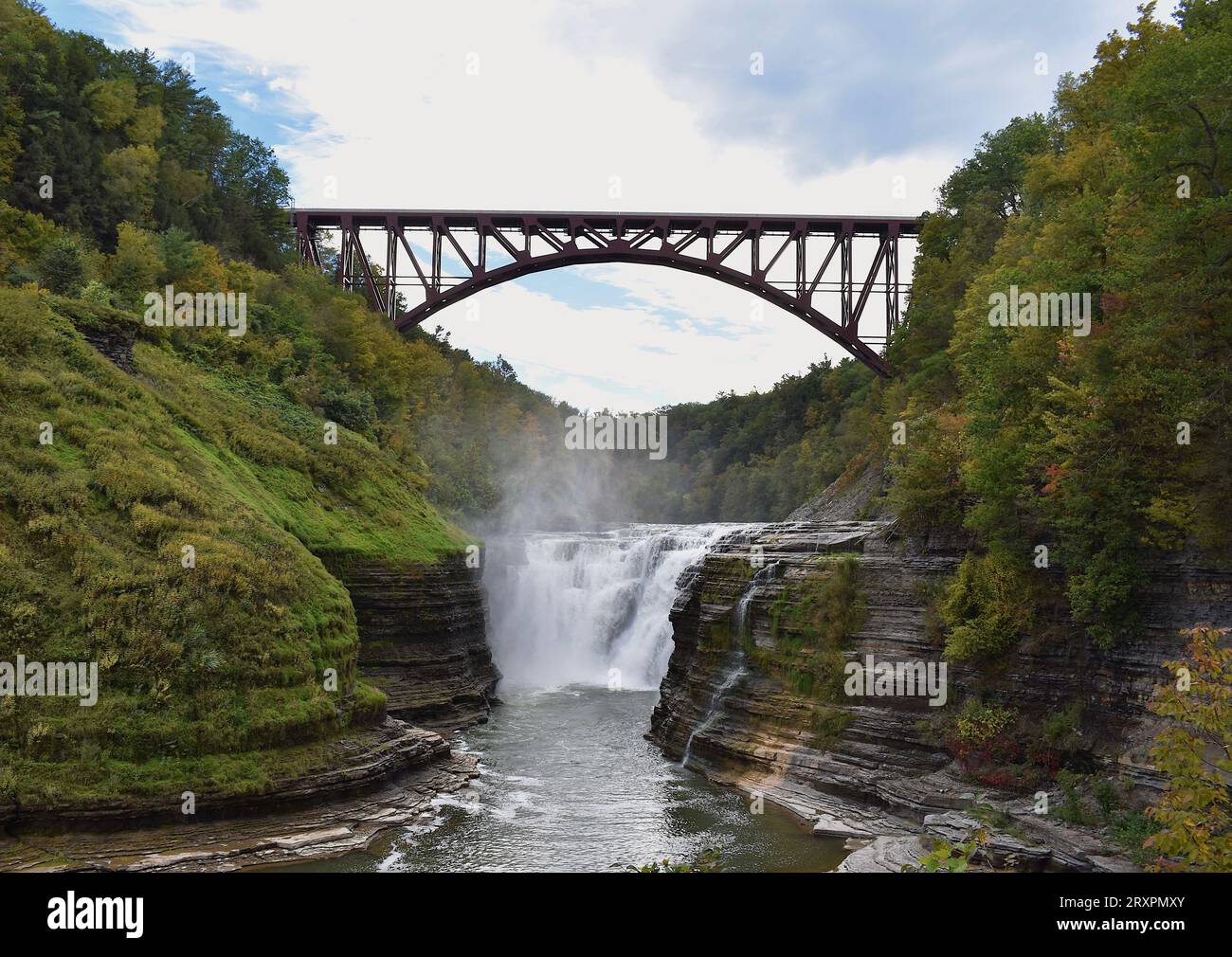 Upper Falls at Letchworth State Park. Mist emerges from the Upper Falls ...