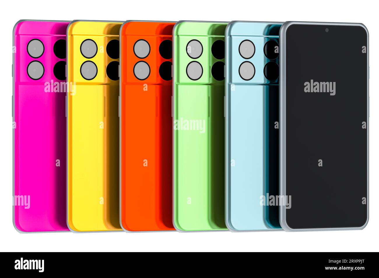 Colored Smartphones back views and front, modern mobile phones ...