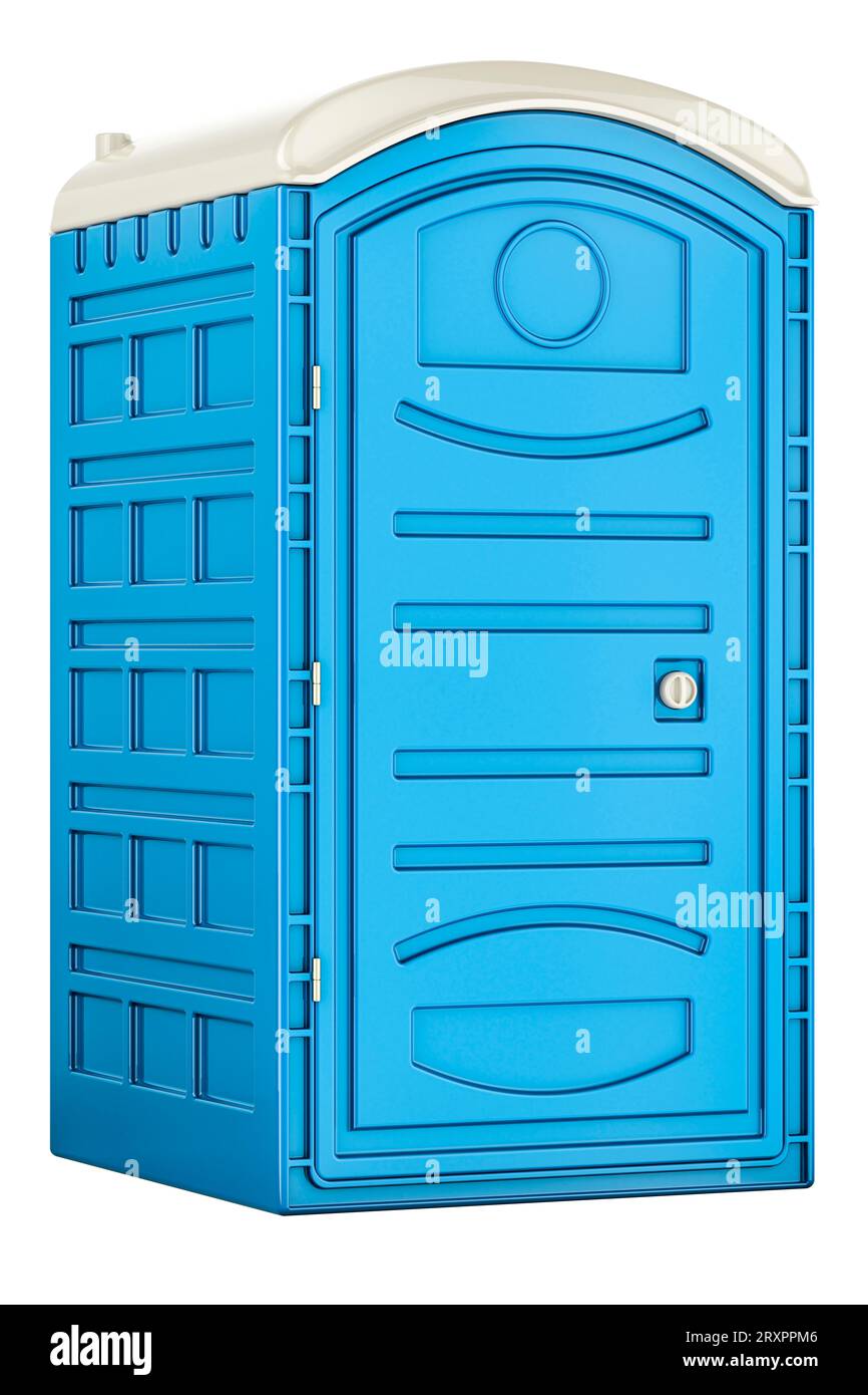 Mobile portable blue plastic toilet, 3D rendering isolated on white ...