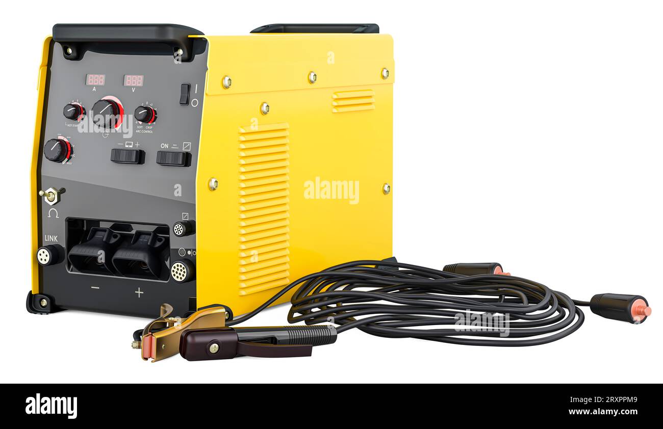 Welding machine with work cables and clamps. 3D rendering isolated on ...