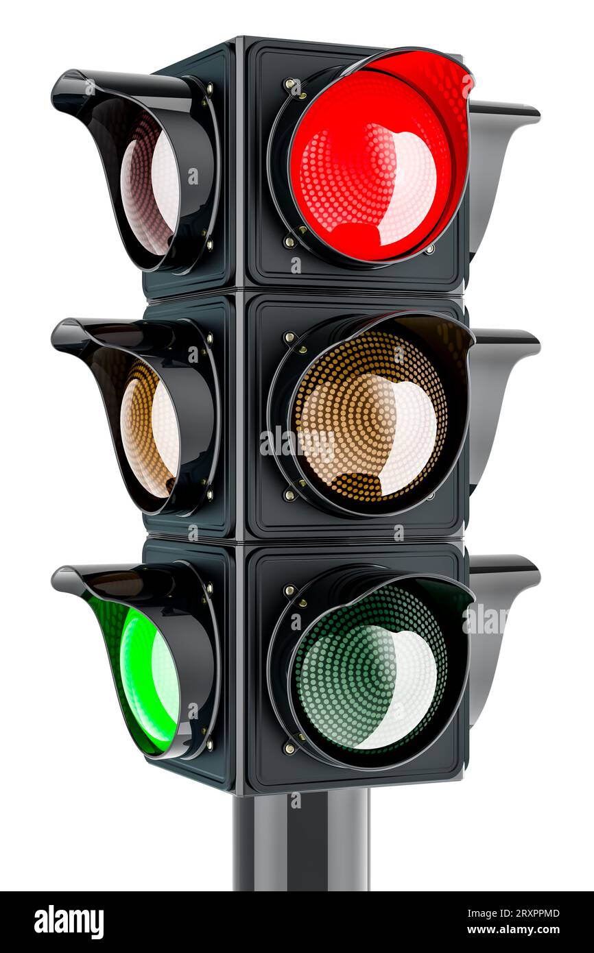 Traffic light with red color, traffic semaphore. 3D rendering isolated ...