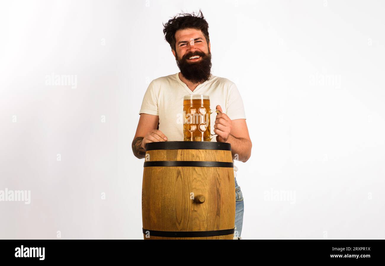 Oktoberfest festival. Smiling man tasting draft beer. Craft beer at ...