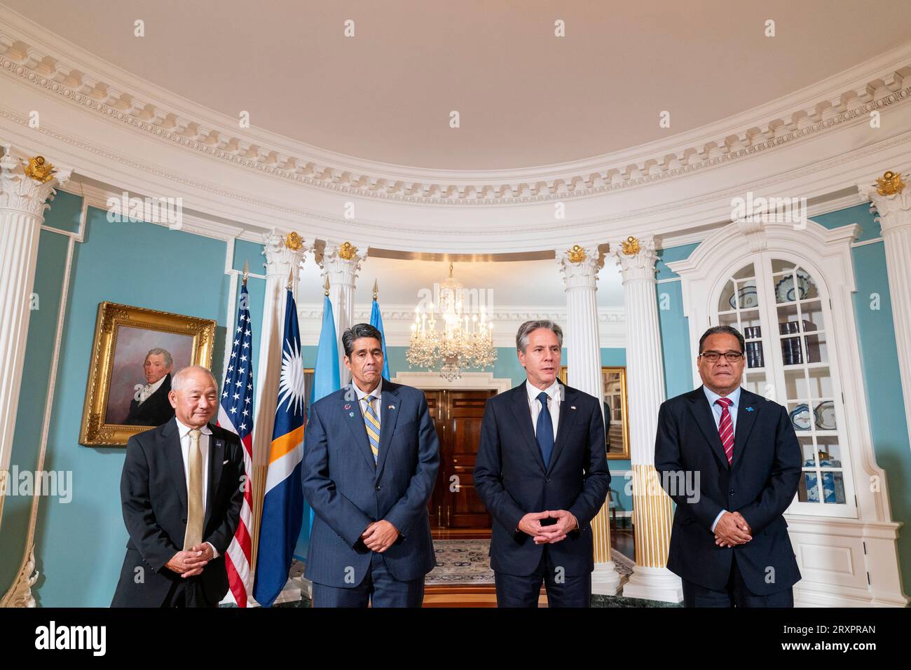 Secretary of State Antony Blinken, at center right, meets with, from ...
