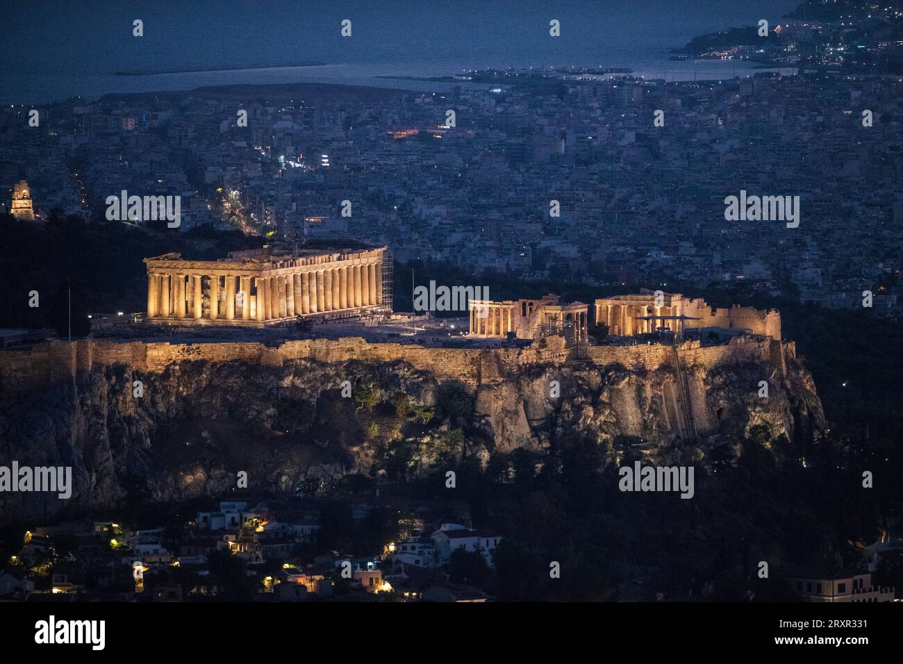 Sundown in Athens, view from Lycabettus Mountain with the Acropolis and ...