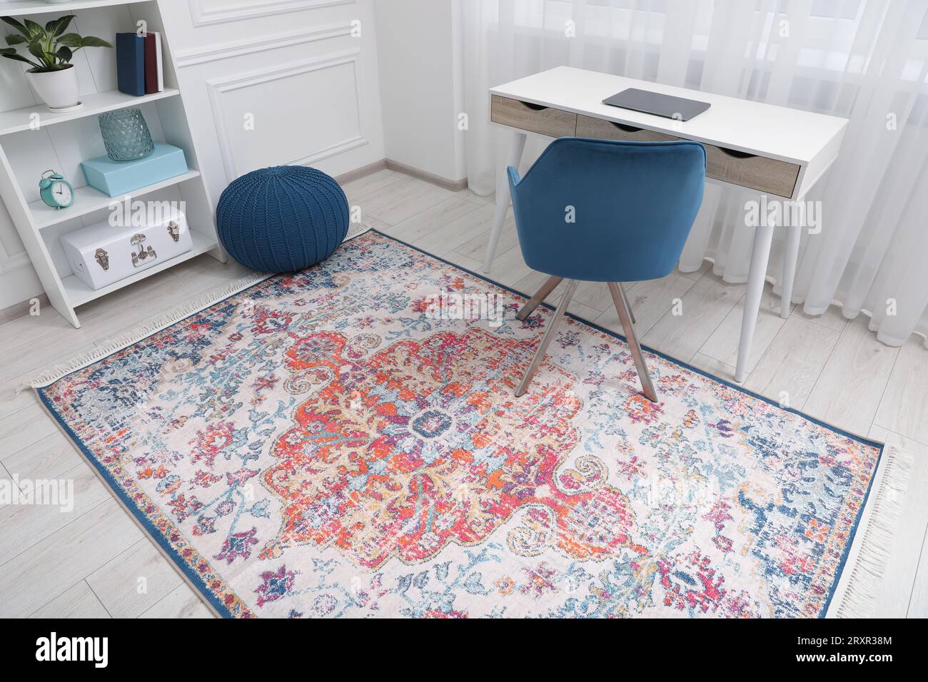 Stylish room with beautiful rug and furniture. Interior design Stock ...